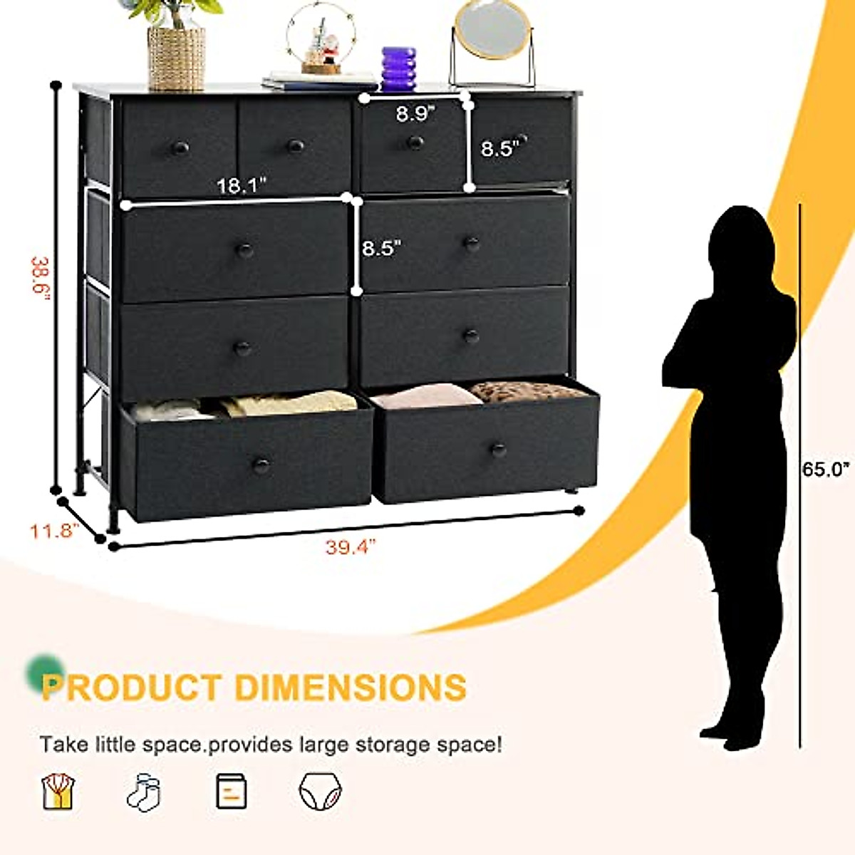 SENSWEET 10 Dresser for Bedroom, Big Fabric Dressers & Chests of Drawers for Living Room, Hallway/Nursery/Clothes Dresser with Steel Frame & Wood Top （Dark Grey