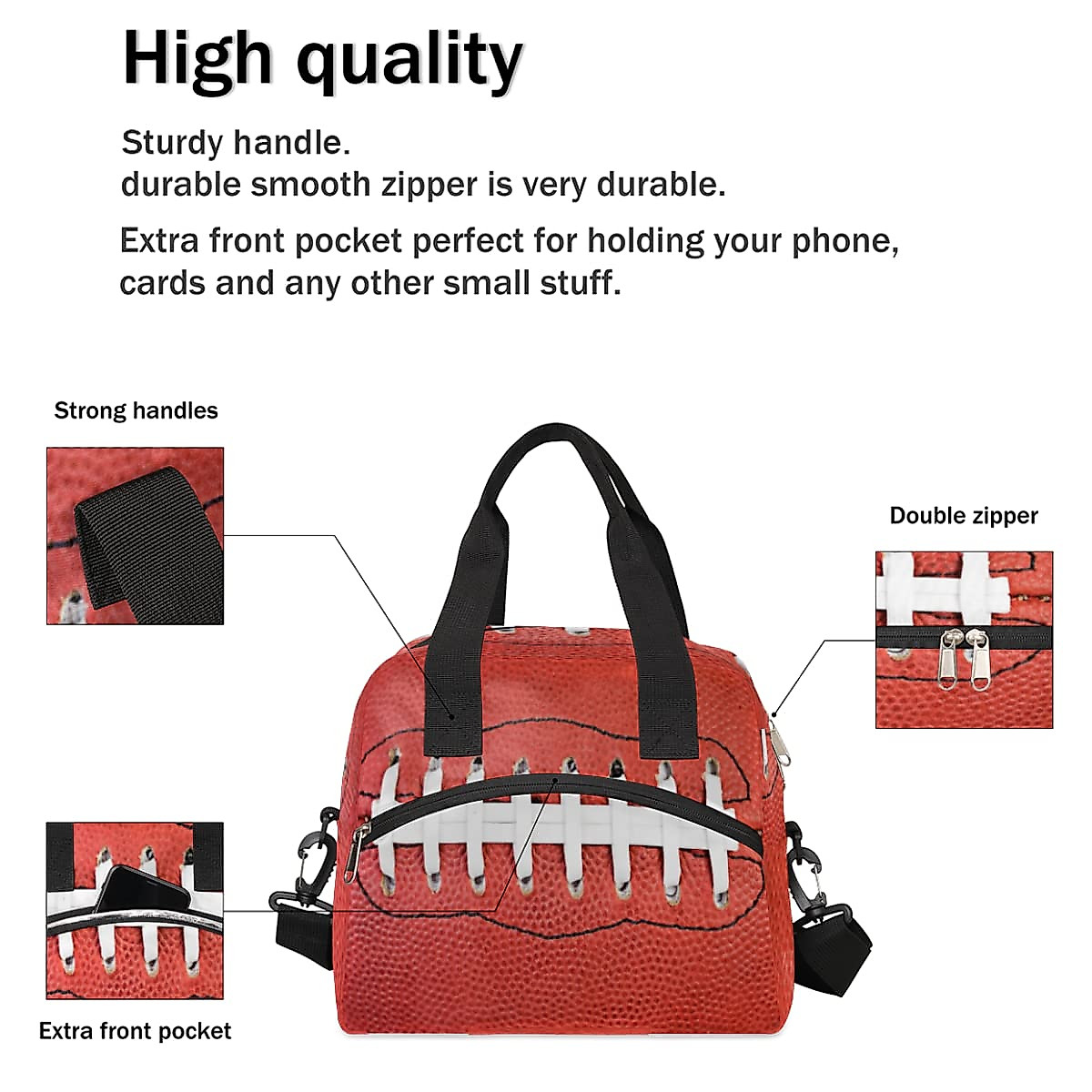 Insulated Lunch Bag for Women Men Red Sport American Football Lunch Box Reusable Lunch Cooler Bag Large Lunch Tote Bag for Work Picnic Travel School