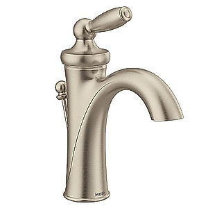 Moen Brantford Brushed Nickel One-Handle Traditional Low-Arc Bathroom Faucet with Optional Deckplate and Available Vessel Sink Extension Kit, 6600BN