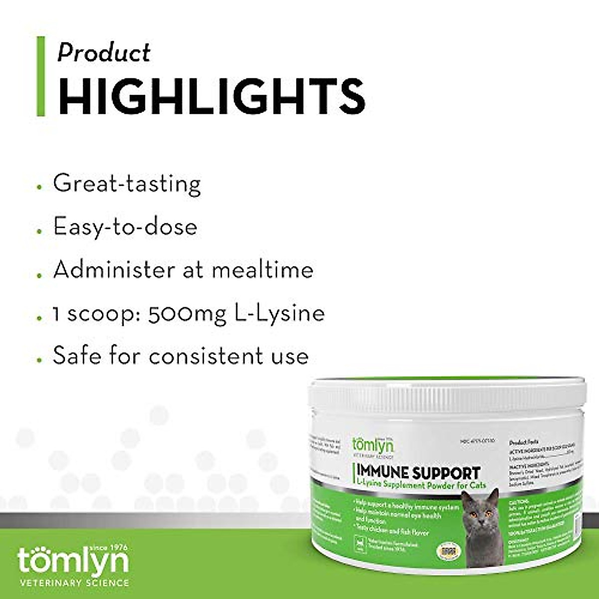 Tomlyn Immune Support Daily L-Lysine Supplement, Fish-Flavored Lysine Powder for Cats and Kittens, 3.5oz