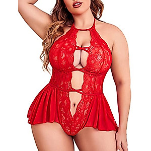 Avidlove Plus Size Teddy Lingerie for Women Sexy Lace Babydoll Halter V Neck Nightwear Carmine Red