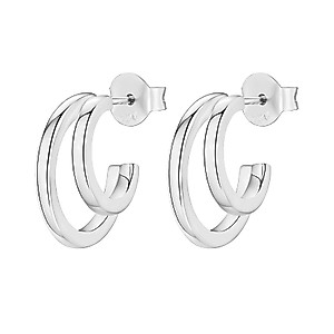 PAVOI Rhodium Plated Small Double Hoop Earrings for Women - Trendy Huggie Earrings - Multi Hoops Statement Jewelry