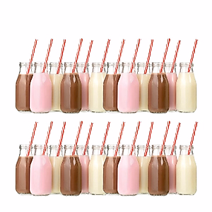 BBA SUNRISE - Set of 24 Glass Milk Bottles With Lids & Straws 10oz, Glass Bottles with Lids for Parties, Breakfast, Wedding, Picnic. Milk Jars with Reusable Red and White Straws and Airight Metal Lids