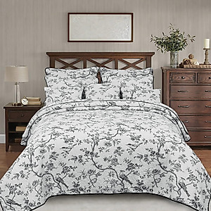EVENHUG 100% Cotton Quilt Queen Size Black Bird Bedding Set Double Printing Lightweight Quilt Reversible Coverlet Bedspread with Pillow Shams All Seasons 3 Pieces (92"x96")