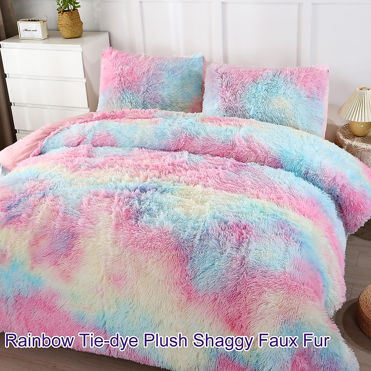 WINLIFE Faux Fur Comforter Set Twin Size for Girls Bedding Plush Shaggy Comforter Sets Gradient Ombre Tie Dye Bed Set Fuzzy Furry Long Hair Fluffy Comforter (3Pcs, Twin, Rainbow)