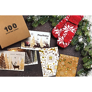 Christmas Holiday Greeting Cards with Gold and Metallic Foil, 100 Pack, 4 x 6 inch, 11 Assorted Designs with 3-D Prism Effect, Blank Inside,by Better Office Products,with Envelopes,100 Christmas Cards