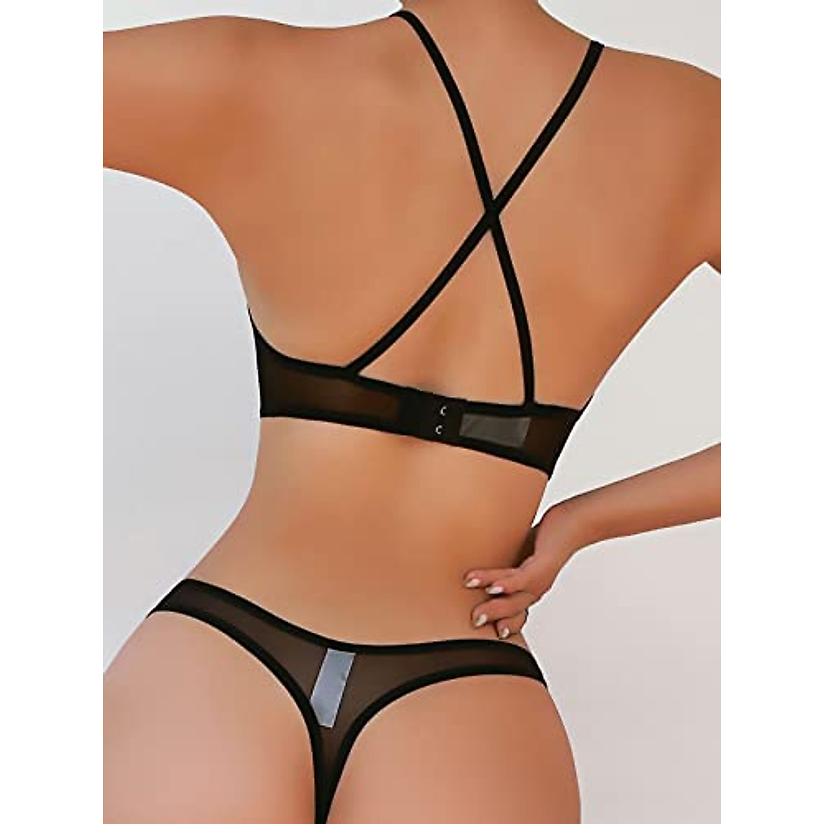 SOLY HUX Women's Mesh Solid Sheer See Through Lingerie Set Sexy Lace Bra and Panty 2 Piece