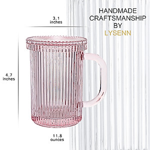 Lysenn Pink Glass Coffee Mug - Classic Vertical Stripes Tea Mug - Elegant Coffee Cup with Glass Lid for Latte, Espresso - Lovely Gift for Christmas, Anniversary and Birthday - 11 oz