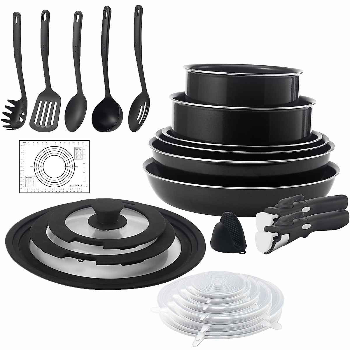 lzteck 24 Pieces Non-Stick Cookware Set,Removable Handles Stackable Pans and Pots Set with Silicone Pastry Mat, for RVs and Camping,Oven,Induction,Gas,Electric,Stovetops,Dishwasher Safe