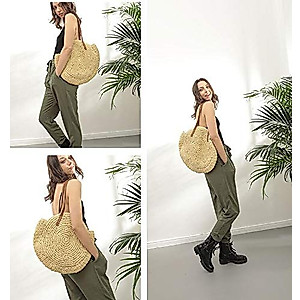 Ayliss Women Straw Woven Tote Handbag Large Beach Handmade Purse Shoulder Bag Straw Beach Handbag (Round Khaki #2)