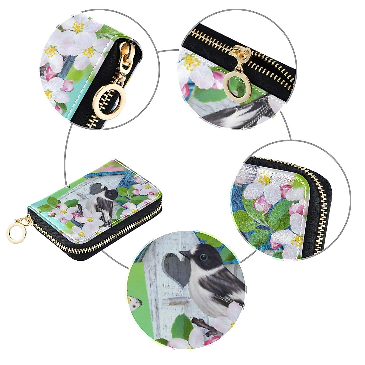 susiyo Spring Bird Flower Birdhouse Credit Card Wallet, RFID Blocking Compact Women Leather Card Holder Zipper Purse