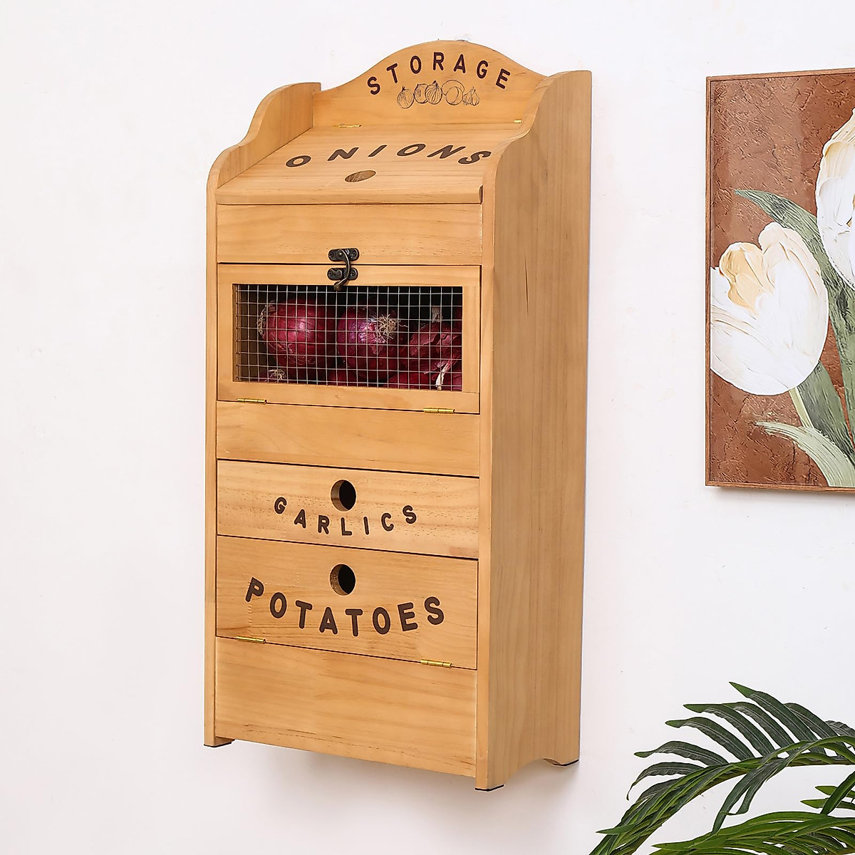 ARTAWEIN Pine Wood Veggie Bin for Potato, Onion and 1 Garlic Drawer Vegetable Box for Kitchen Storage, Solid Wood Vegetable Bin 13.77" L X 7.1" W X 29.3" H (Rustic Brown)