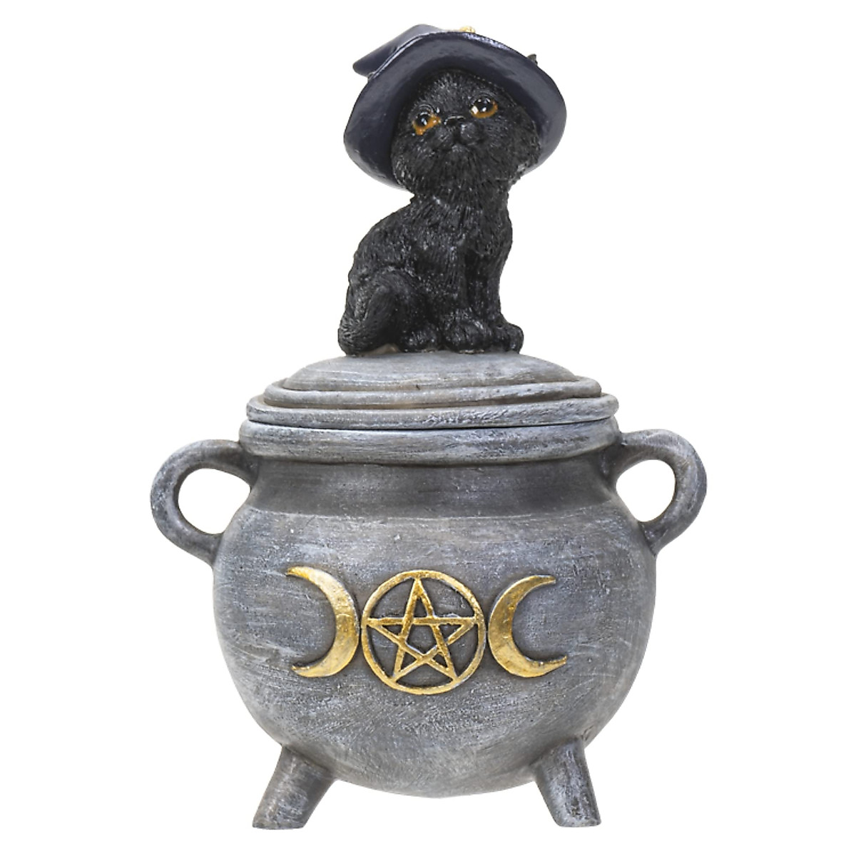Pacific Giftware Black Cat with Witch Hat Sitting on Cauldron Box, Polyresin Jewelry or Coin Holder, 3.93 Inches x 3.14 Inches x 5.5 Inches