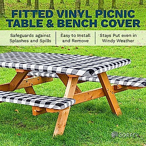 Sorfey Picnic Table Cover with Bench Covers -Fitted with Elastic, Vinyl with Flannel Back, Fits for Table 28"x 72" Rectangle,Water Proof, Easy to Clean, Checked Blue Design