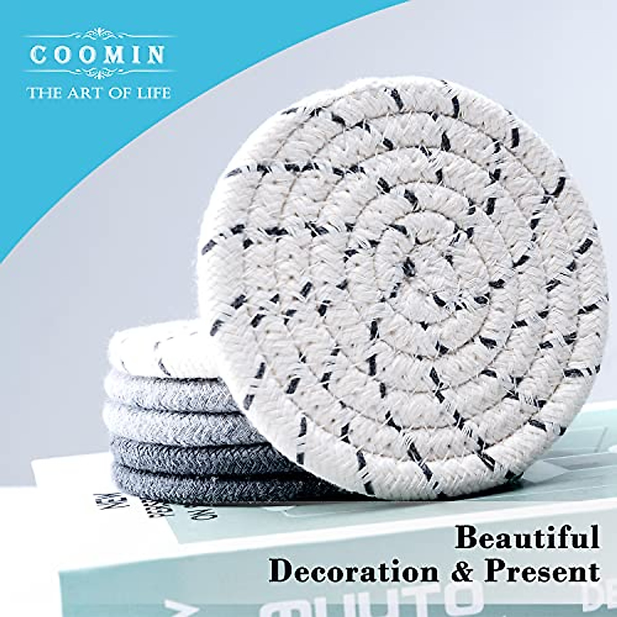 Absorbent Drink Coasters, Handmade Braided Drink Coasters, Super Absorbent Heat-Resistant Coasters for Drinks Great Housewarming Gift, Coasters for Coffee Table (Dark Grey, Light Grey, Beige/Grey, 6)
