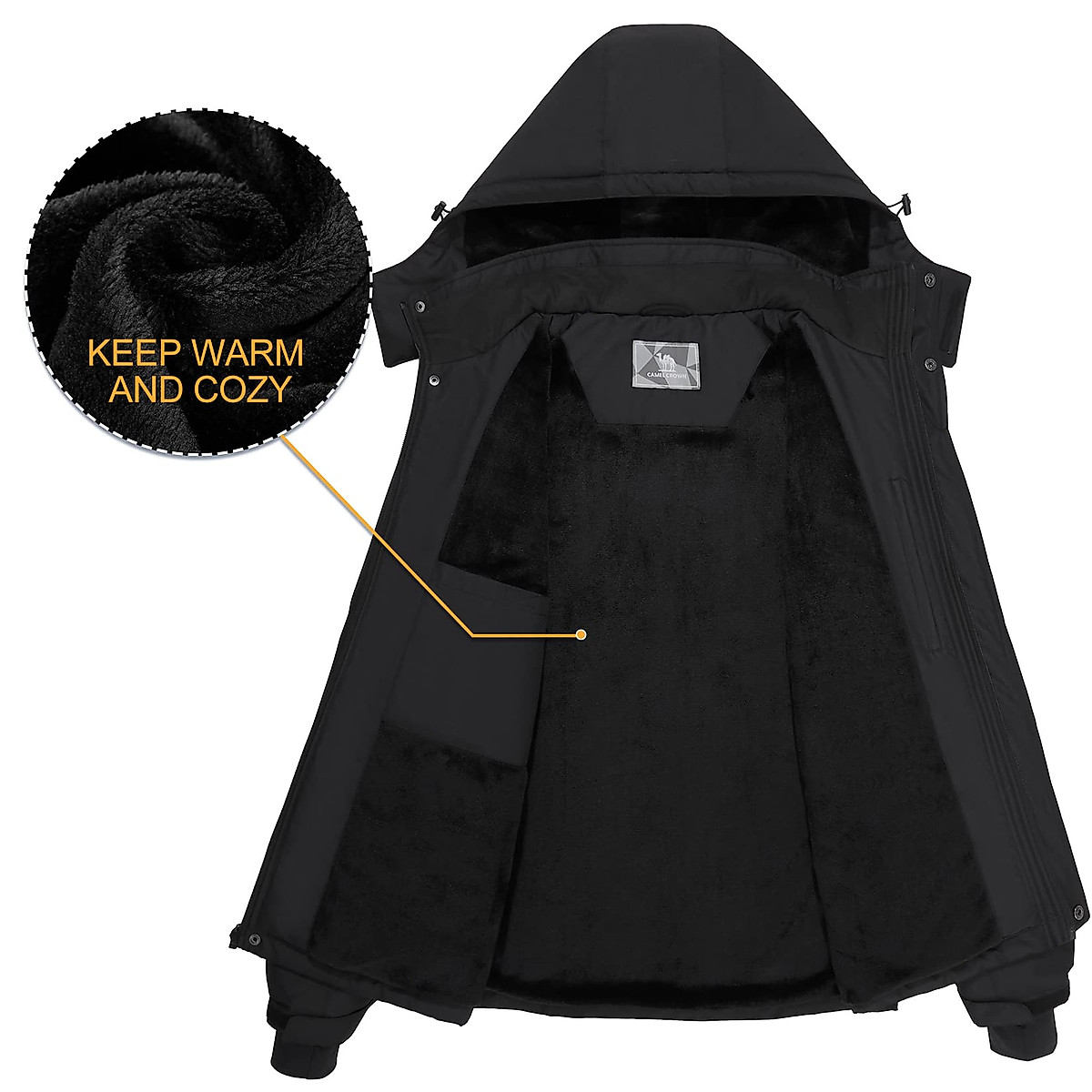 CAMEL CROWN Men's Mountain Snow Waterproof Ski Jacket Detachable Hood Windproof Fleece Parka Rain Jacket Winter Coat Black, X-Large