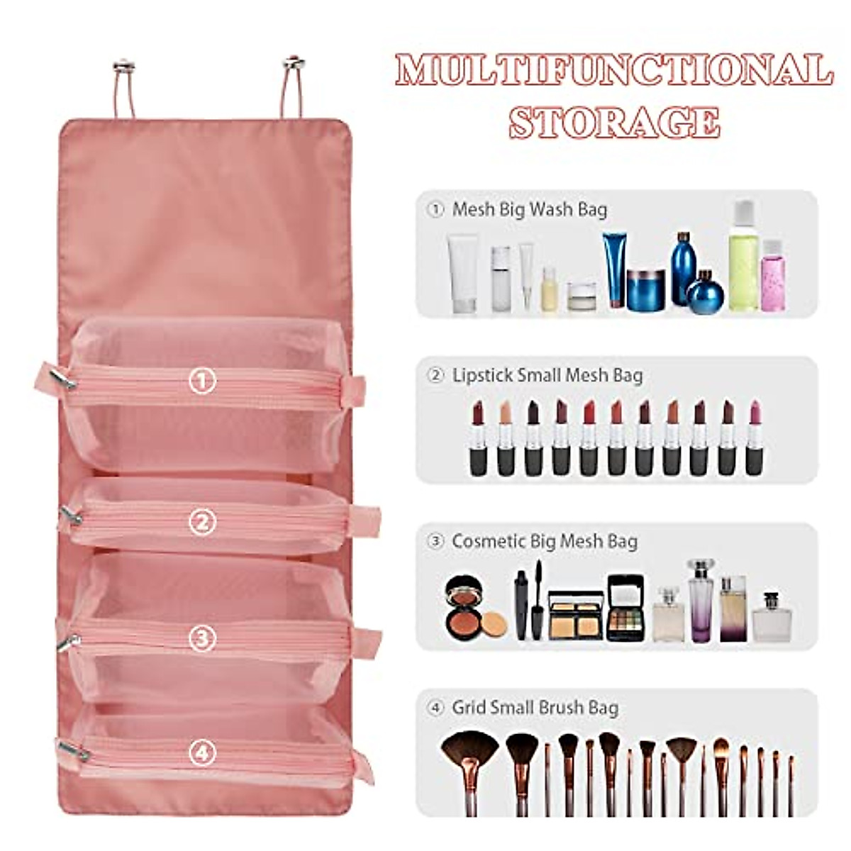 Senyucom Detachable Cosmefic Bag, 4 IN 1 Removable Portable Toiletry Travel Hanging Makeup Bags Organizer,Bathroom Bag for Shower (Pink)