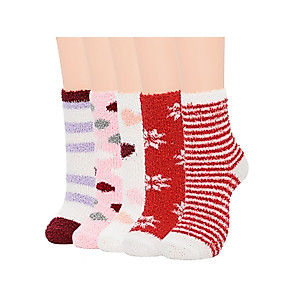 Century Star Womens Fuzzy Socks Soft Fluffy Socks Warm Cozy Socks Sports Athletic Socks Winter Gifts Socks For Christmas 5 Pairs Red Set One Size