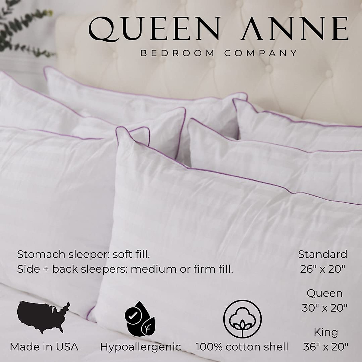 Queen Anne Luxury Hotel Pillows - Two Pack (2) - Majesty Down - Synthetic Down Alternative - Allergy Free Hypoallergenic Bed Pillows - Made in USA (Queen Firm)