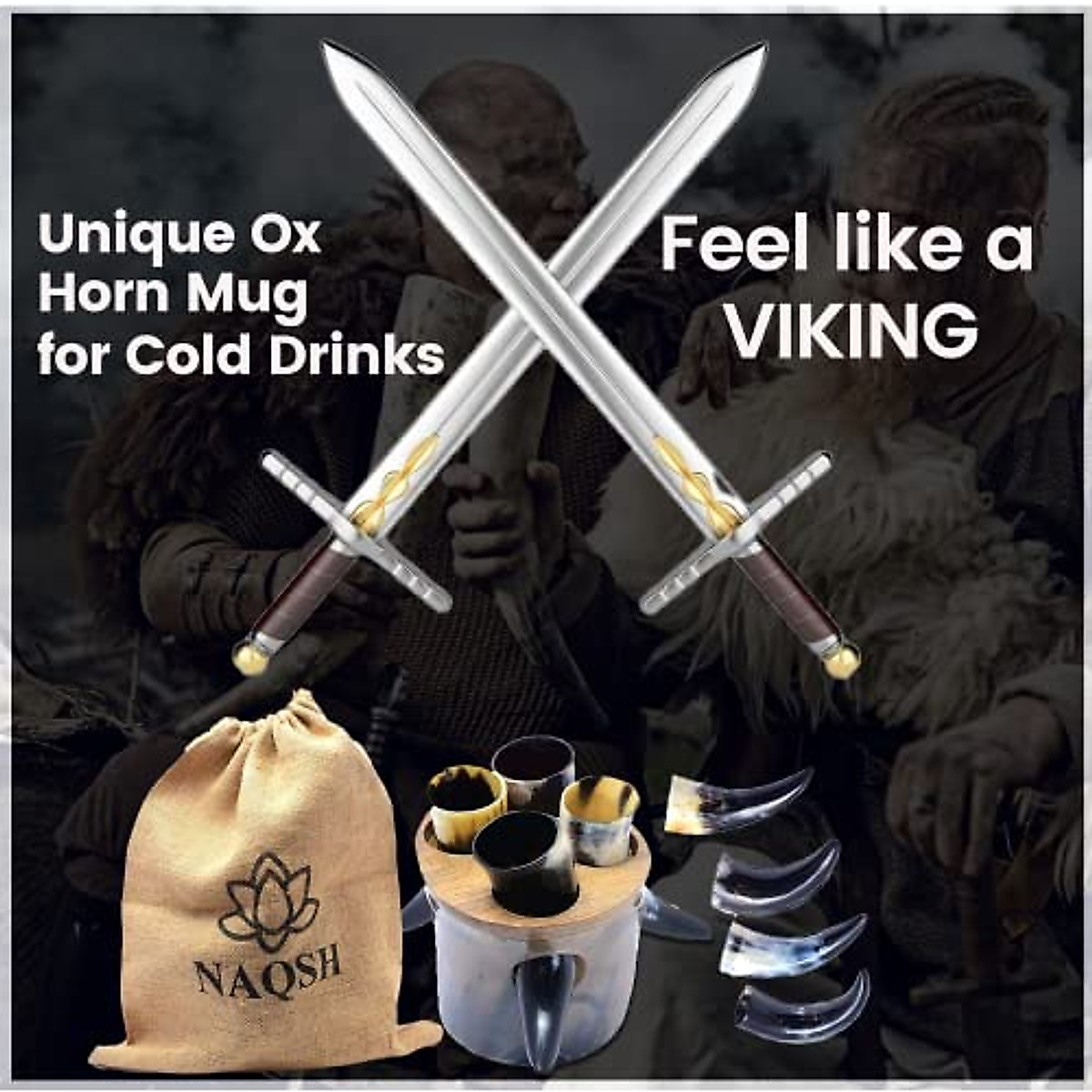 NAQSH Viking Culture Drinking Horn Cup 4 Set -2-3oz - Horn Mugs With Stand, Handmade Cool & Unique Ox Norse for Hot & Cold Drinks Gift for Men and Women (Polished 4 Small Horns)