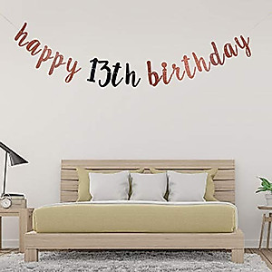 Happy 13th Birthday Banner, 13th Birthday Decor, 13th Birthday Party Supplies (Rose Gold&Black)
