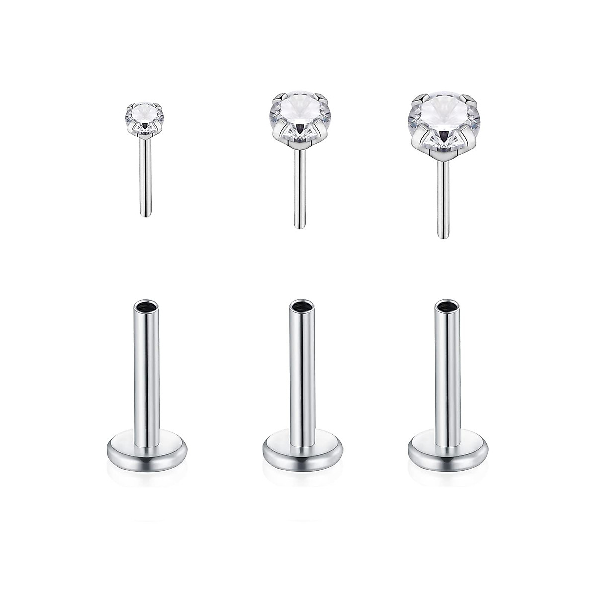 Implant Grade G23 Titanium Lip Studs 2mm 3mm 4mm 3Pcs Cubic ZirconiaBall Labret Monroe Lip Rings Set 16G 8mm10mm Helix Nail Cartilage Tragus Threadless Pushin Flat Back Nose Stud Ring Earring