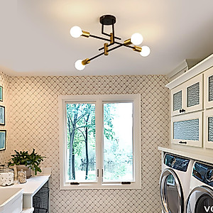 Tealight Sputnik Ceiling Light Fixture, 4 Light Mid Century Modern Black and Gold Lighting Fixture Semi Flush Mount Ceiling Lamp for Bedroom, Living Room, Kitchen, Dining Room, Hallway