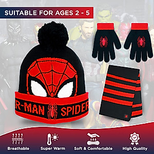 Marvel Spider-Man Kid’s Winter Hat Snow Gloves and Scarf for Boys and Toddlers 3 Pc Set Warm Pom-Pom Beanie with Accessories