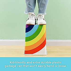 Rainbow Trash Can - Cute Waste Basket for Kids Room - 9.6”x9.6”x15.7” Indoor Swing Top Trash Can with Lid - Garbage Can for School & Daycare - Swivel Touchless Garbage Cans - White Plastic Trash Can