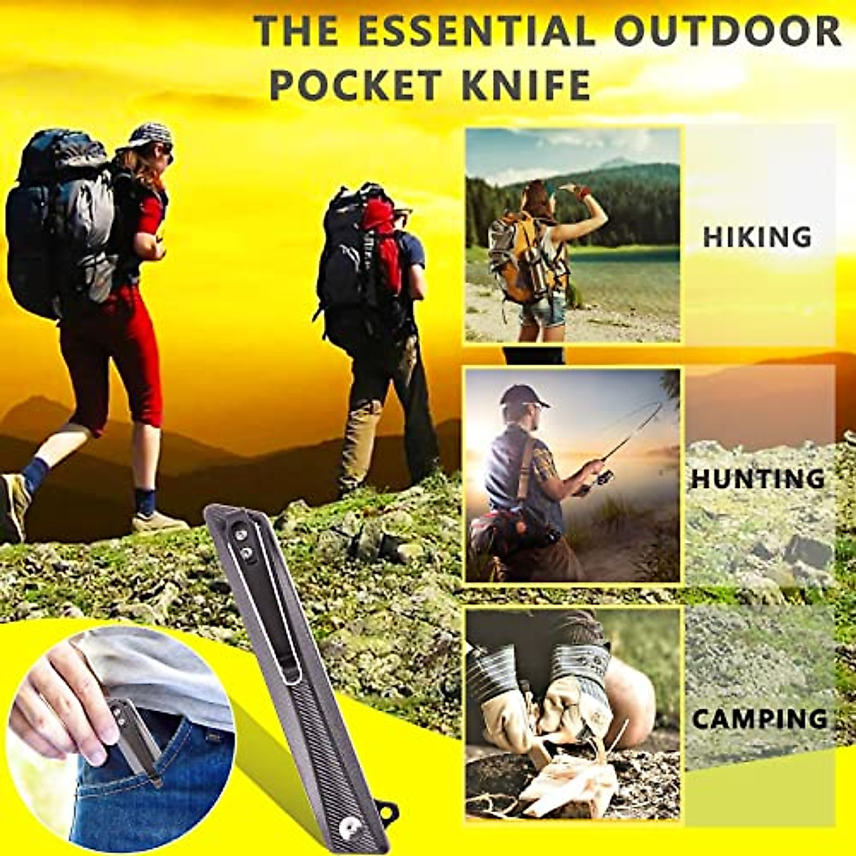 Lsqurel Pocket Knife, G-10 Carbon Fiber Handle + D2 Steel PVD Titanium Coating Blade for Men EDC Folding Knife Spring Assisted Knife 8.5 INCH