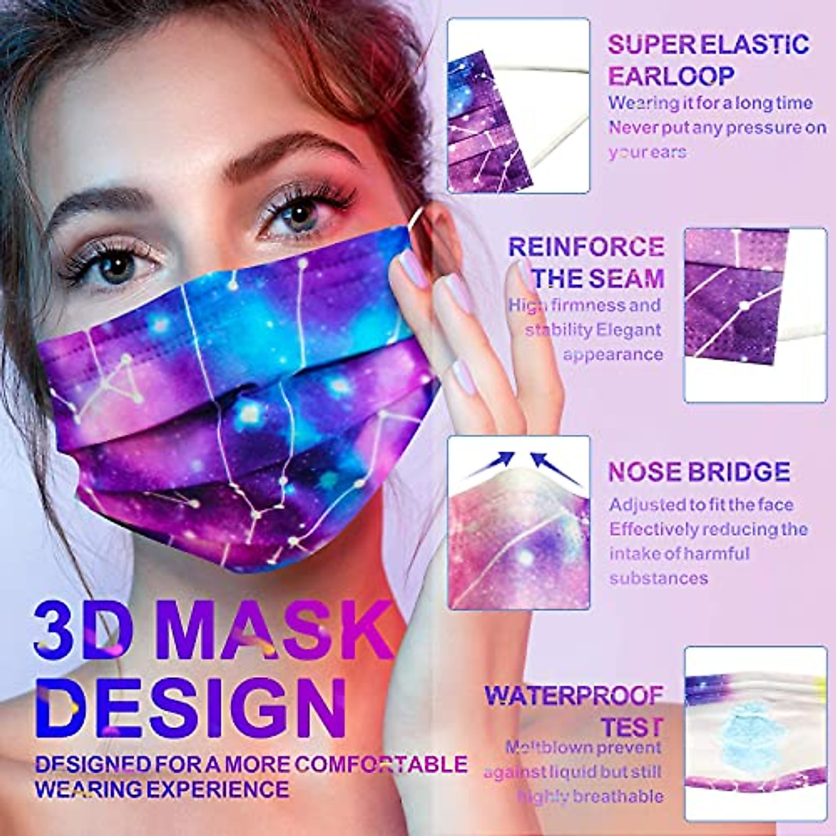 AHOTOP Disposable Face Masks for Women, Disposable Face Masks With Designs, Individually Wrapped Breathable Colorful Fashion Cute Mask with Nose Wire Elastic Ear Loop for Adults Teen Girls Working Out, 3 Ply 50PCS
