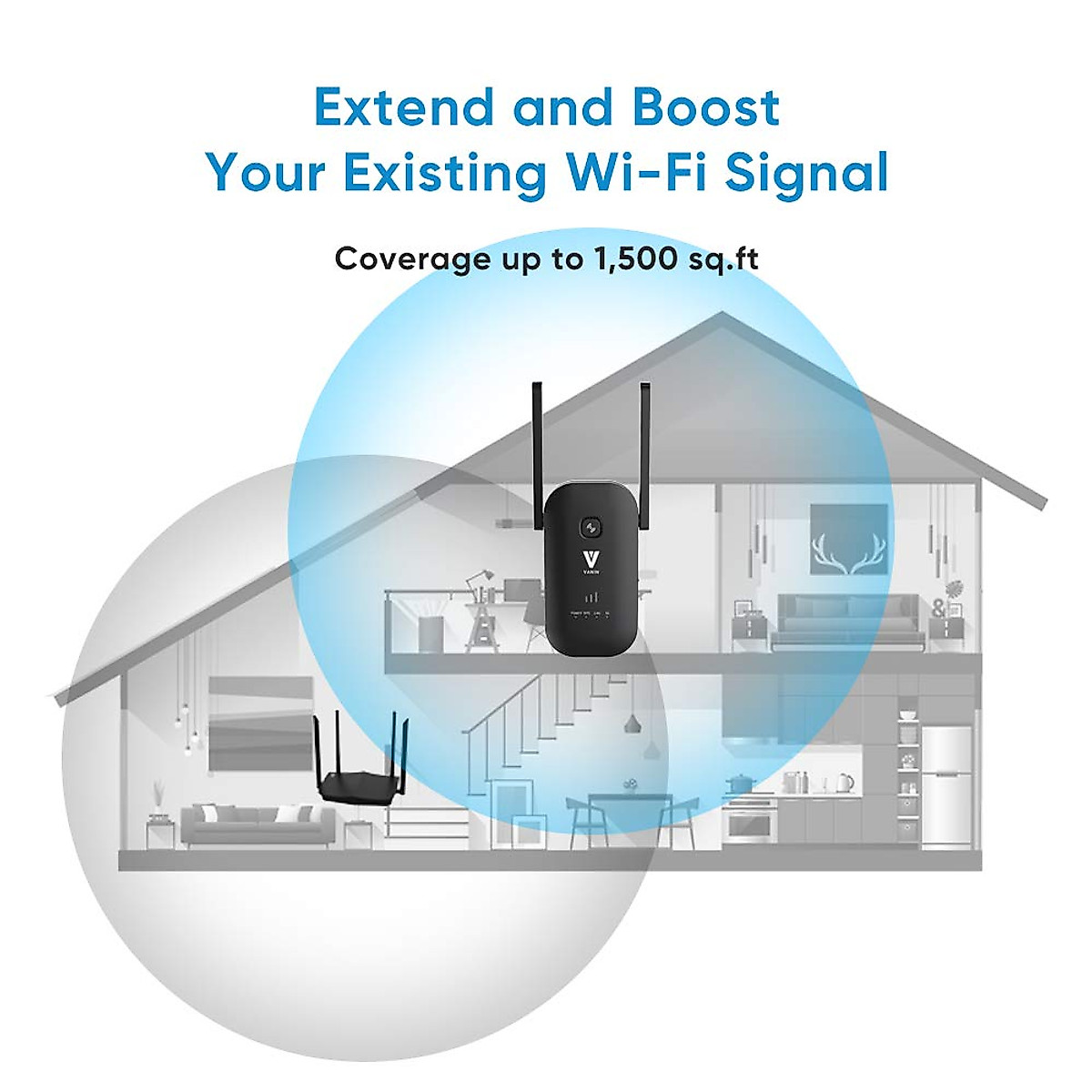 VANIN WiFi Range Extender -1200Mbps WiFi Repeater Wireless Signal Booster 2.4 & 5GHz Dual Band WiFi Extender with 2 Gigabit Ethernet Port, AP & Router Mode, 360°Full Coverage, Simple Setup