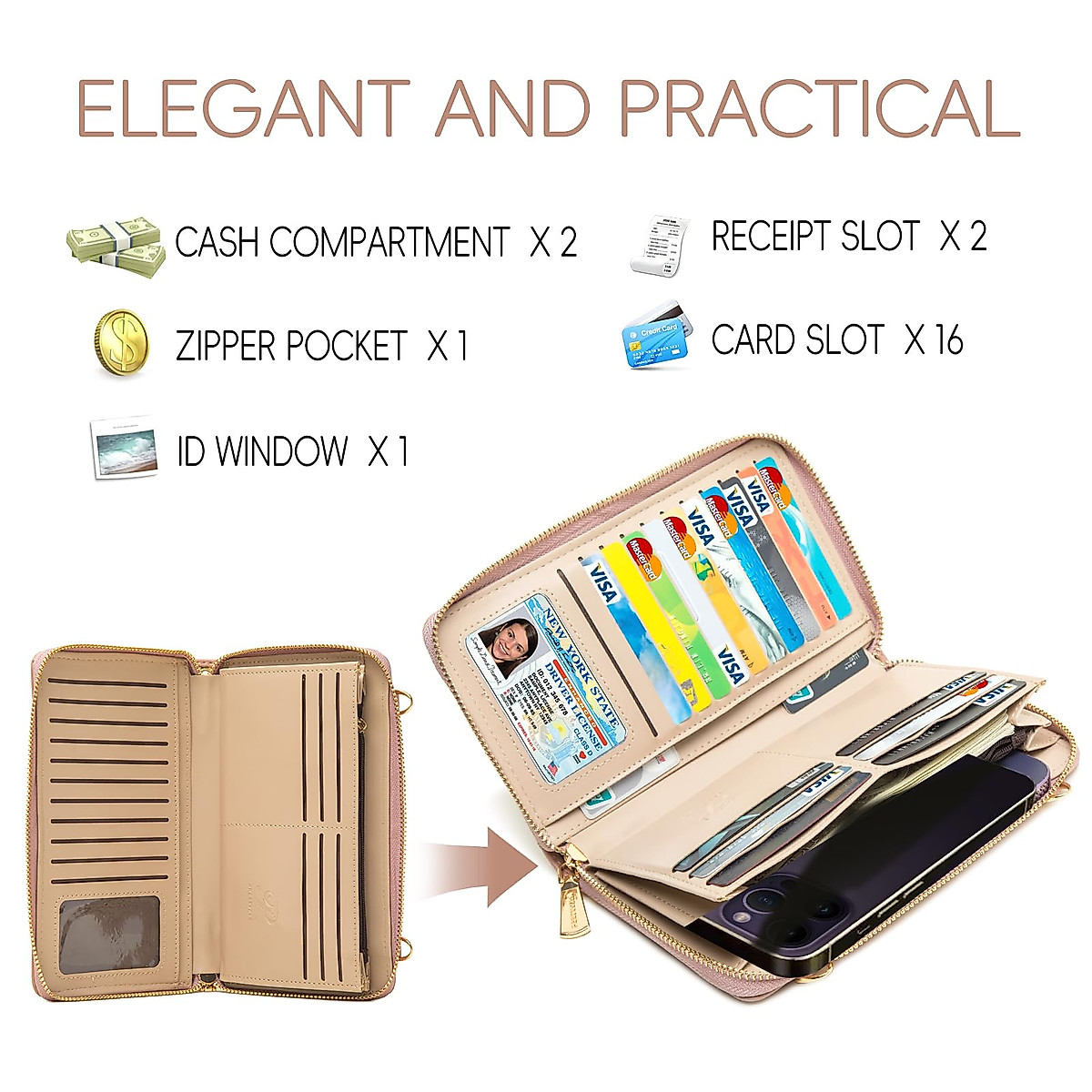 PRETTYZYS Wallet Women Rfid Crossbody Bag Handbag - Handmade Blocking Wristlet Clutch Zipper for Ladies Teenage Girls – Cell Phone with Coins Credit Cards Cash Pockets, Pink