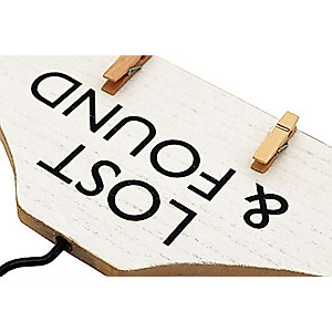 Lost & Found Wood Laundry Room Wall Decor with 4 Natural Wood Clips, Decorative and Functional Clothes-Hanger Shaped Laundry Room Organizer for Socks, Whitewashed, 13.4" W x 6.1" H