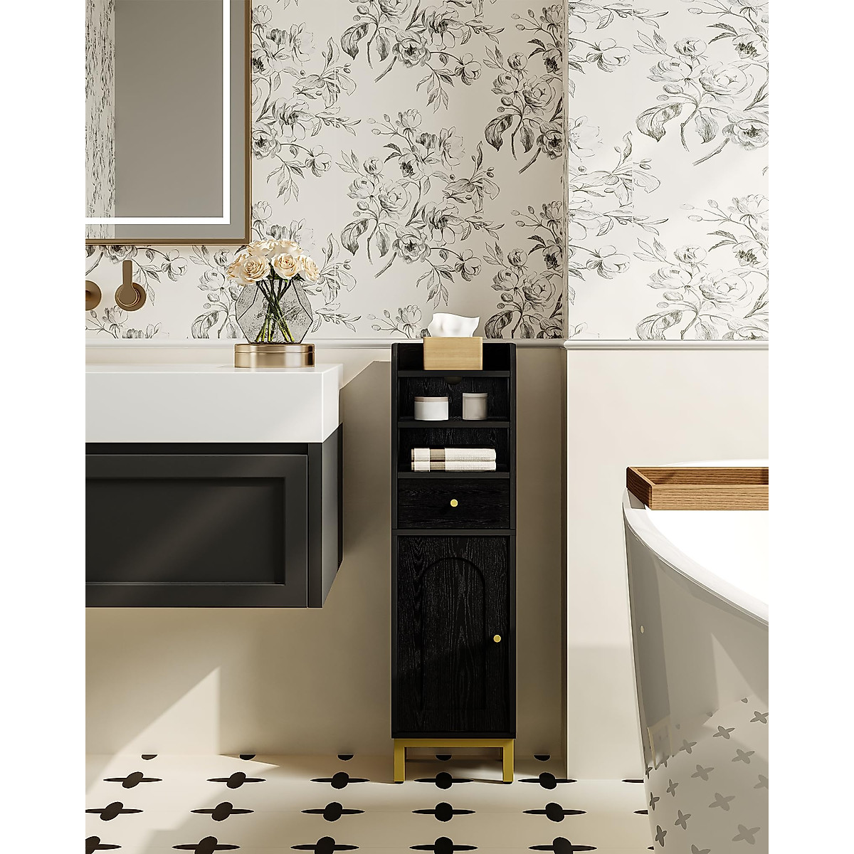 Hzuaneri Bathroom Storage Cabinet, Corner Floor Cabinet with Drawers and Doors, Narrow Toilet Paper Cabinet, Bathroom Organizer with Adjustable Shelf, for Small Spaces, Black BC29804G