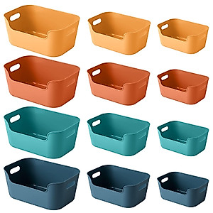 OWill 12-Pack Mixed Plastic Storage B-ins and Baskets for Efficient Home Classroom Organization - Small Containers in Multiple Colors for Kitchen, Cupboard Box, Bathroom Organizer on Shelves and Tubs