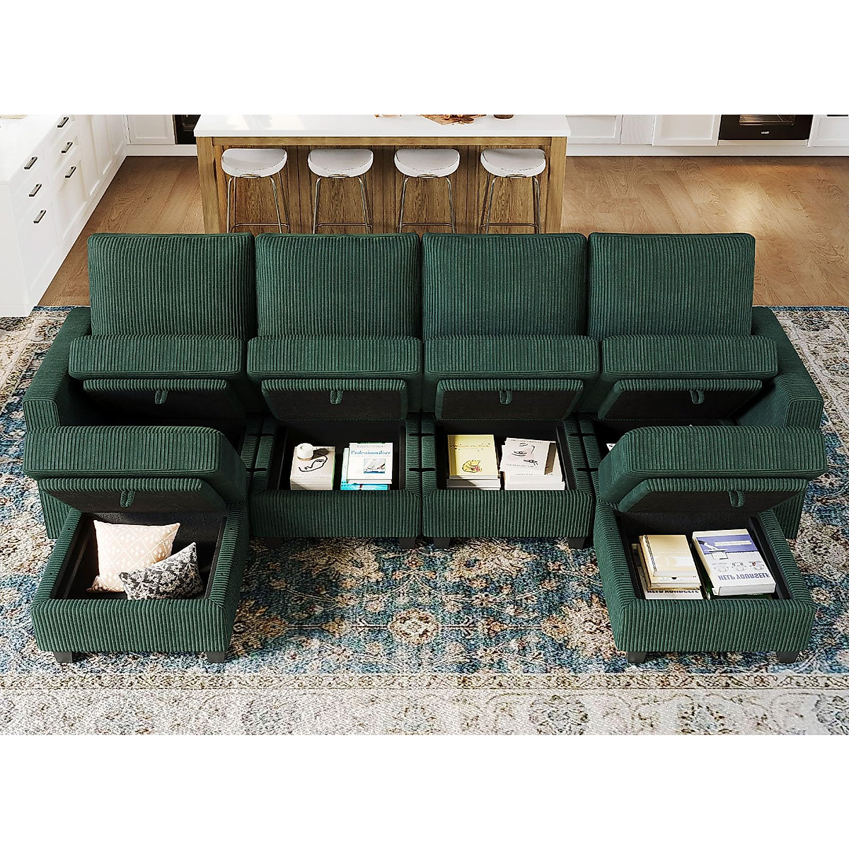 Belffin Modular U Shape Couch with Storage Ottoman Corduroy Sectional Couch with Chaise Convertible Modern Sectional Sofa Couch Dark Green