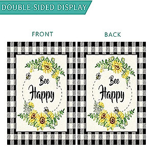 JAWO Welcome Sunflower Bee Happy Garden Flag, Spring Summer Flower Buffalo Plaid Check Decor Farmhouse Outside Decoration Outdoor Small Burlap Flags, Vertical Double Sided Seasonal Yard Flag 12"X18"