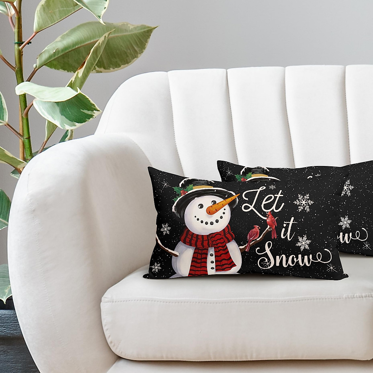 Let it Snow Christmas Black Lumbar Pillow Covers 12X20 Inch Xmas Snowman Snowflake Decorative Rectangle Pillow Cases Set of 2 Winter Holiday Home Decor Cotton Linen Throw Pillows For Couch Outdoor