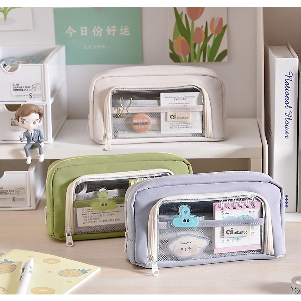 JHTPSLR Preppy Pencil Pouch Clear Canvas Pencil Pouch Big Capacity Pencil Case Double Compartments Zipper Pen Bag Stationery Bag Storage Organizer (Beige)