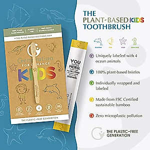 Generation For Change The Plant Based Kids Toothbrush 4 Pack Soft Sustainable Bamboo Toothbrushes | Biodegradable Plastic Free Bristles Made from Castor Oil | Eco Friendly | Zero Waste Products