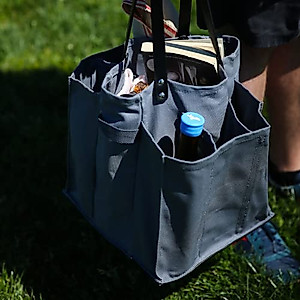 CapaBunga Farmer's Market Tote Shopping Bags with Handles - 7 Pocket Large Utility Tote Bag - Heavy Duty Canvas Utility Bag with Vegan Leather Base - Reusable Tote Bag - Grey Grocery Bag