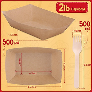1000 Pcs Disposable Kraft Food Trays, Heavy Duty 2lb Coated Cardboard Food Boats, Disposable Wooden Forks Biodegradable Holds Nachos, Tacos, Hot Dogs and More Picnic Fiesta Camping Kiosk Supplies