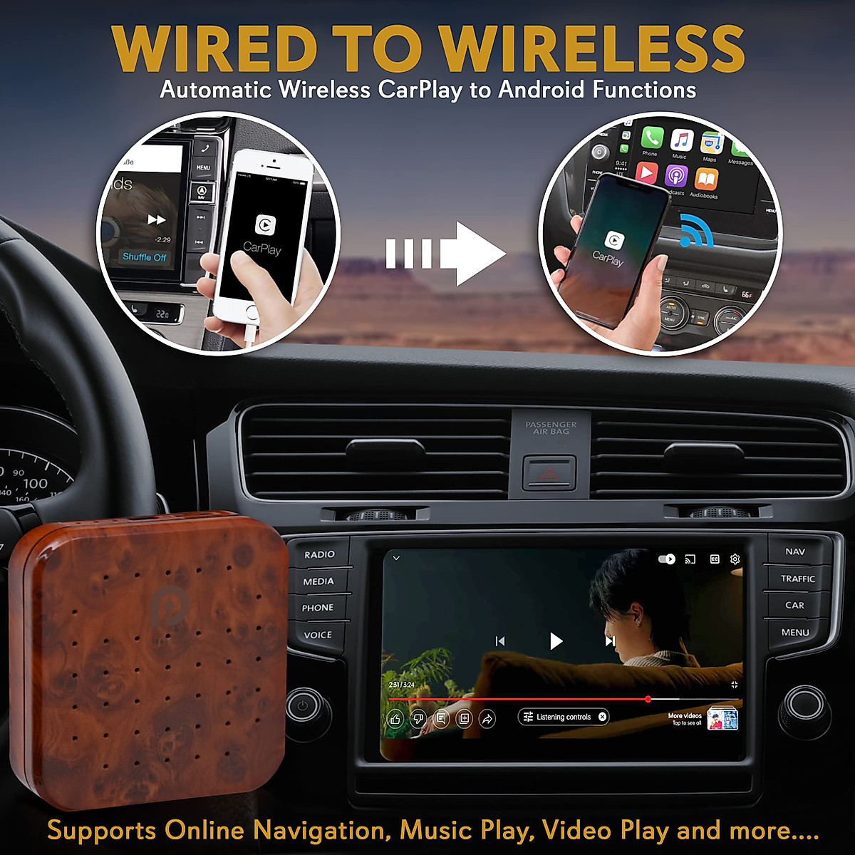 PyleUsa Wireless CarPlay Android Auto Multimedia Video Box,4GB RAM 64GB ROM,2.4GHz,5GHz Dual Band WiFi BT,Octa Core 64Bit,4K Full HD,H.265,USB3.0 Android Box,Screen Mirroring, Install Android Apps