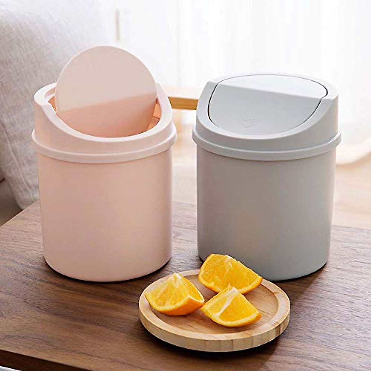 REBABA Desktop Mini Trash Can with Swing Lid, Plastic Tiny Waste Bin Countertop Trash Can for Office Bathroom Kitchen Hotel(Grey)