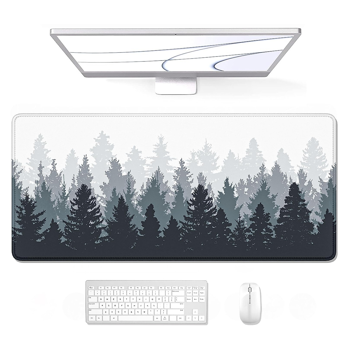Auhoahsil Large Mouse Pad, Full Desk XXL Extended Gaming Mouse Pad 35" X 15", Waterproof Desk Mat with Stitched Edge, Non-Slip Laptop Computer Keyboard Mousepad for Office & Home, Misty Forest Design