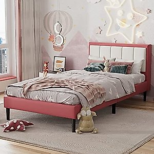 Konprosp Twin Size Bed Frame with Upholstered Headboard, Platform in New Technical Fabric, Mattress Foundation with Wooden Slats Support, Easy Assembly, No Box Spring Needed, Red & White