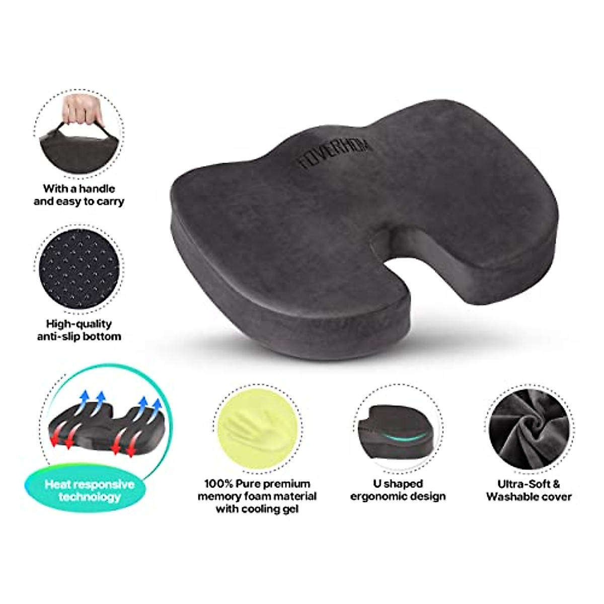 foverhom Gel Seat Cushion for Long Sitting,Office Chair Seat Cushion for Tailbone Pain Relief,Non Slip Orthopedic 50 Density Slow Rebound Memory Foam Car Seat Cushion with Handle and Concealed Zipper