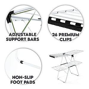 JADecor Home Clothes Drying Steel Rack, 2-Level Foldable Clothes Drying Rack with Adjustable Gullwing, 33 Drying Rails, Sock Clips, Freestanding Laundry Rack