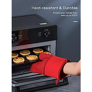 Oven Mitts, Heat Resistant Kitchen Oven Gloves 572°F, Non-Slip Silicone Surface, Extra Long Flexible Thick Mitts for Kitchen, Cooking, Baking, BBQ, Grid Red